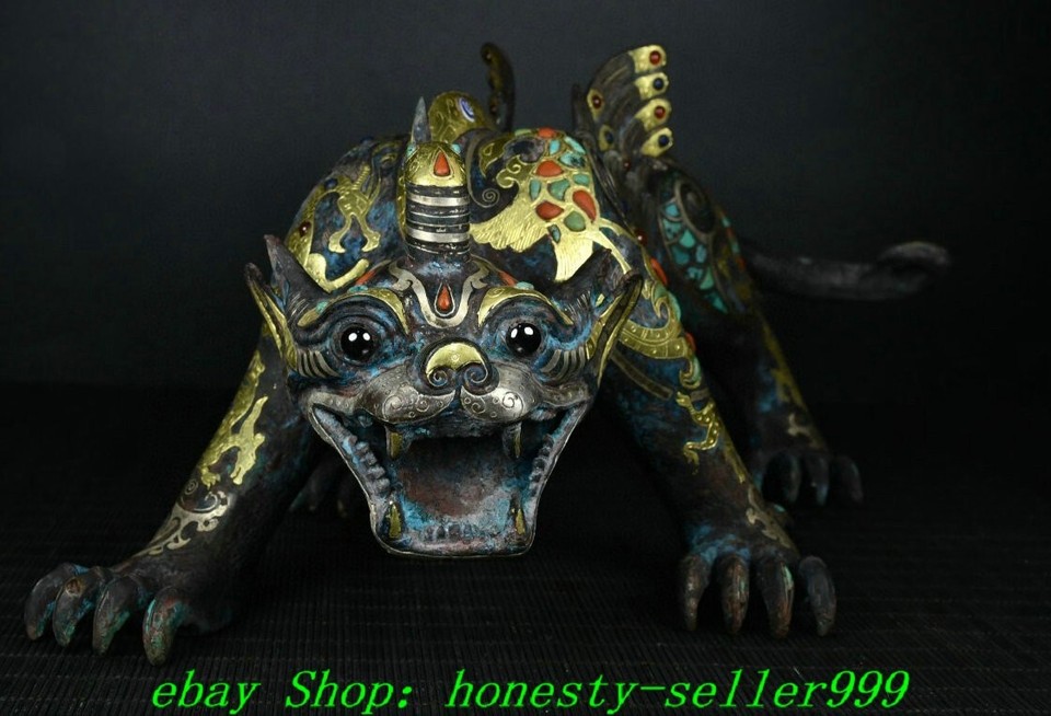 15''Old Dynasty Bronze Ware Gold Silver inlay Gems turquoise Beast ...