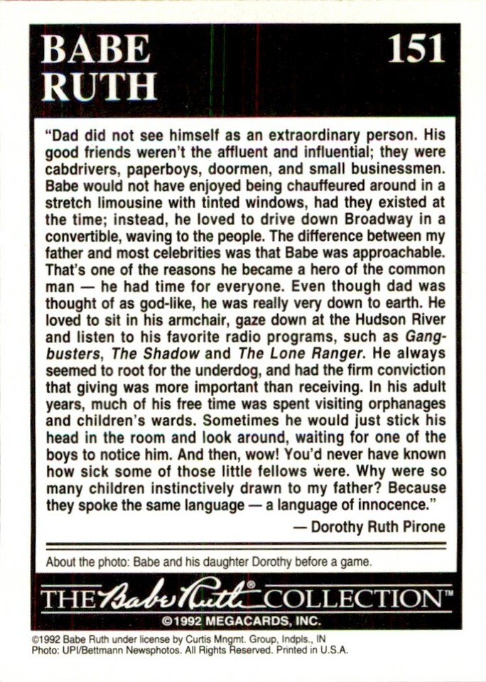 1992 Megacards Babe Ruth Being Remembered by Daughter Dorothy New York ...