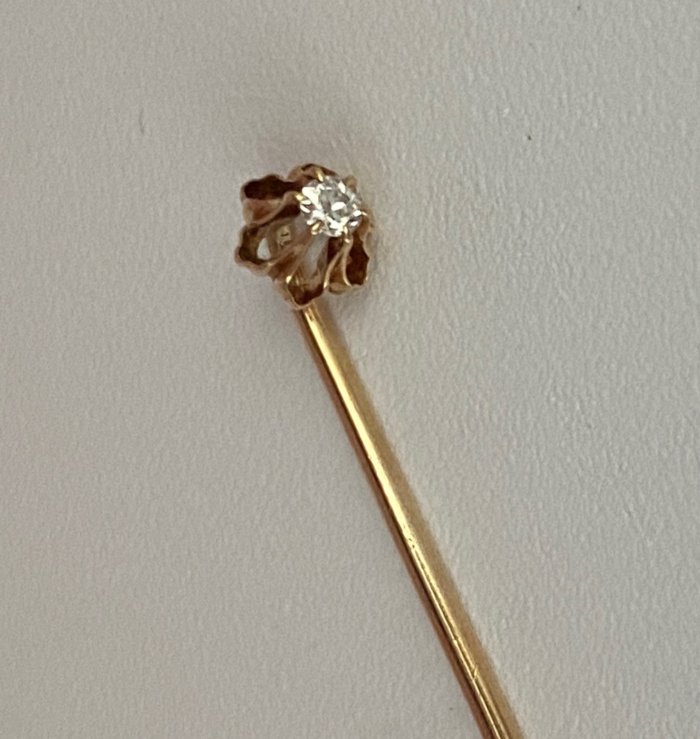 14K Yellow Gold Stick Pin w/ Diamond Lapel Pin 2.5” V… - Gem