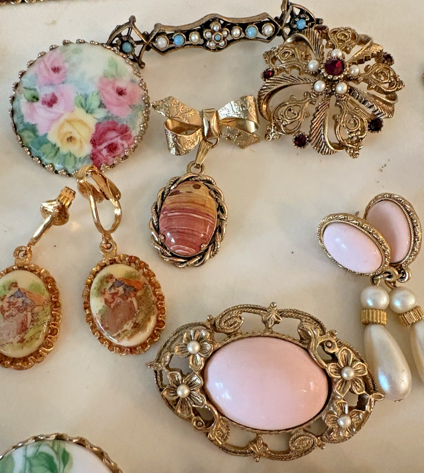 Grandma's Vintage Jewelry Lot Pink ROSES Ornate Gold Tone Porcelain ...