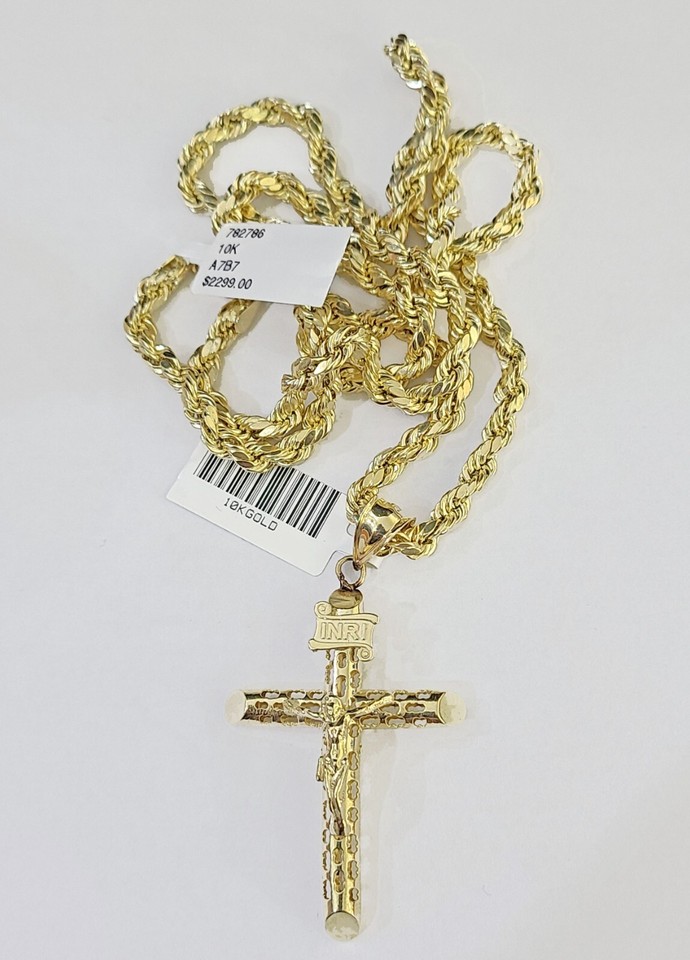 10k Gold Rope Chain & Cross Charm Pendent SET 4mm 24 Inches Necklace | eBay