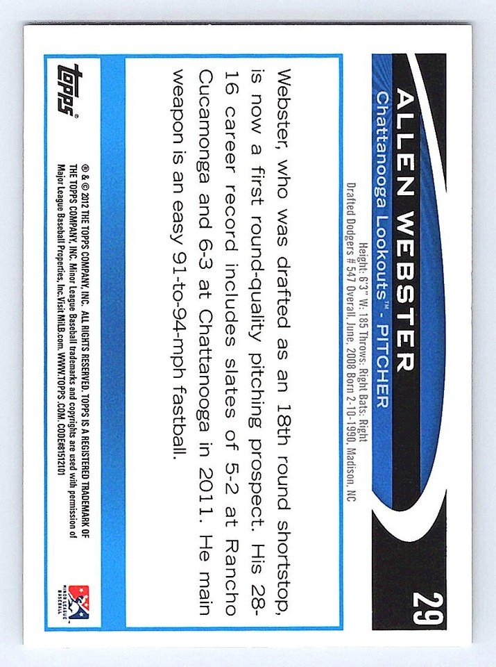 2012 Topps Pro Debut Allen Webster #29 Chattanooga Lookouts | eBay