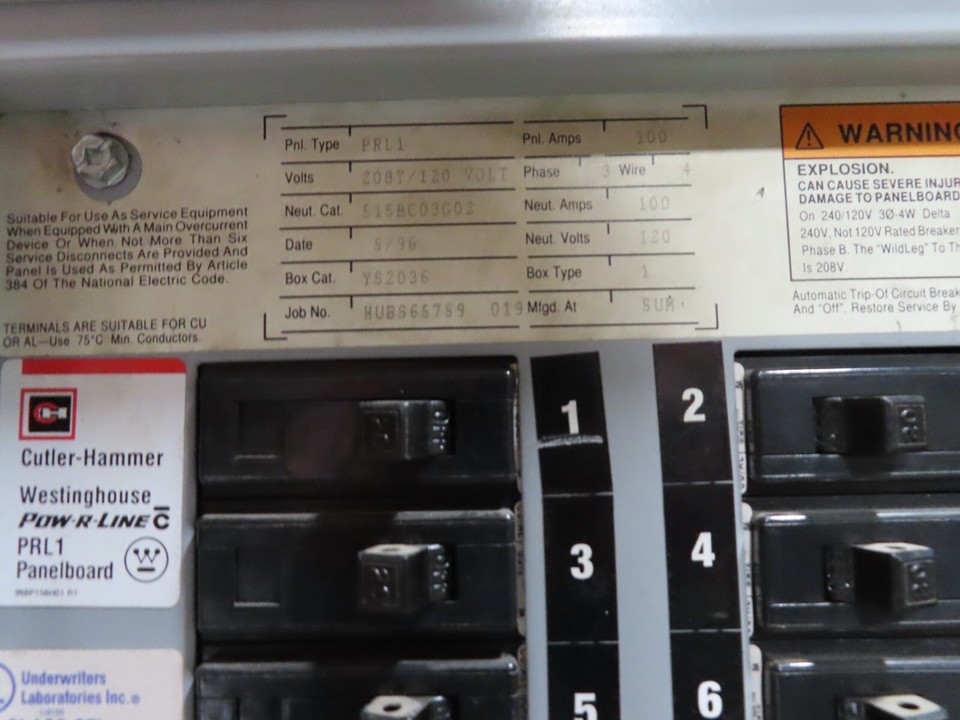 Cutler Hammer PRL1 Panelboard BAB3100 Main Breaker 120/208V 3PH4W 42 ...