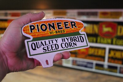 PIONEER HI-BRED SEED CORN DEALER PLATE TOPPER PORCELAIN METAL SIGN GAS ...