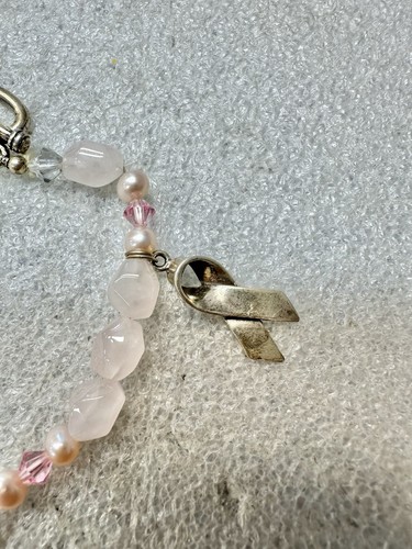 8” .925 Sterling ROSE QUARTZ Pink Pearls Bracelet Ribbon Charm Breast ...