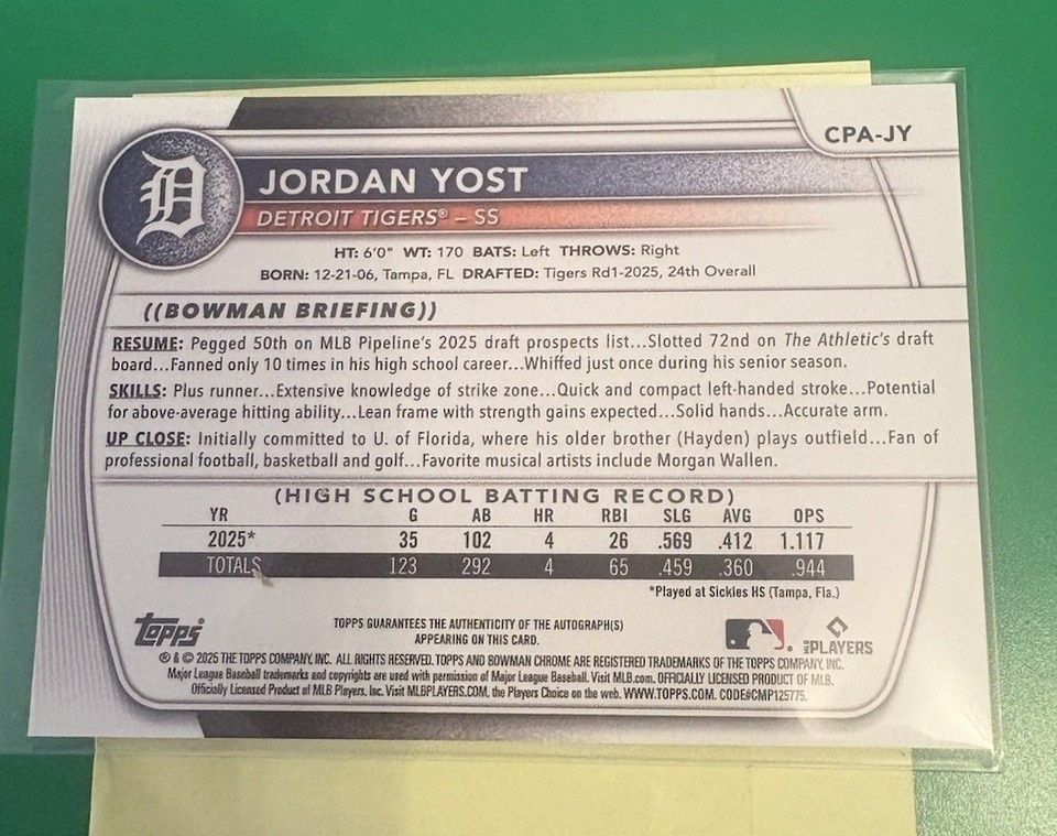JORDAN YOST 2025 BOWMAN DRAFT CHROME 1ST BOWMAN BASE AUTO *DETROIT ...