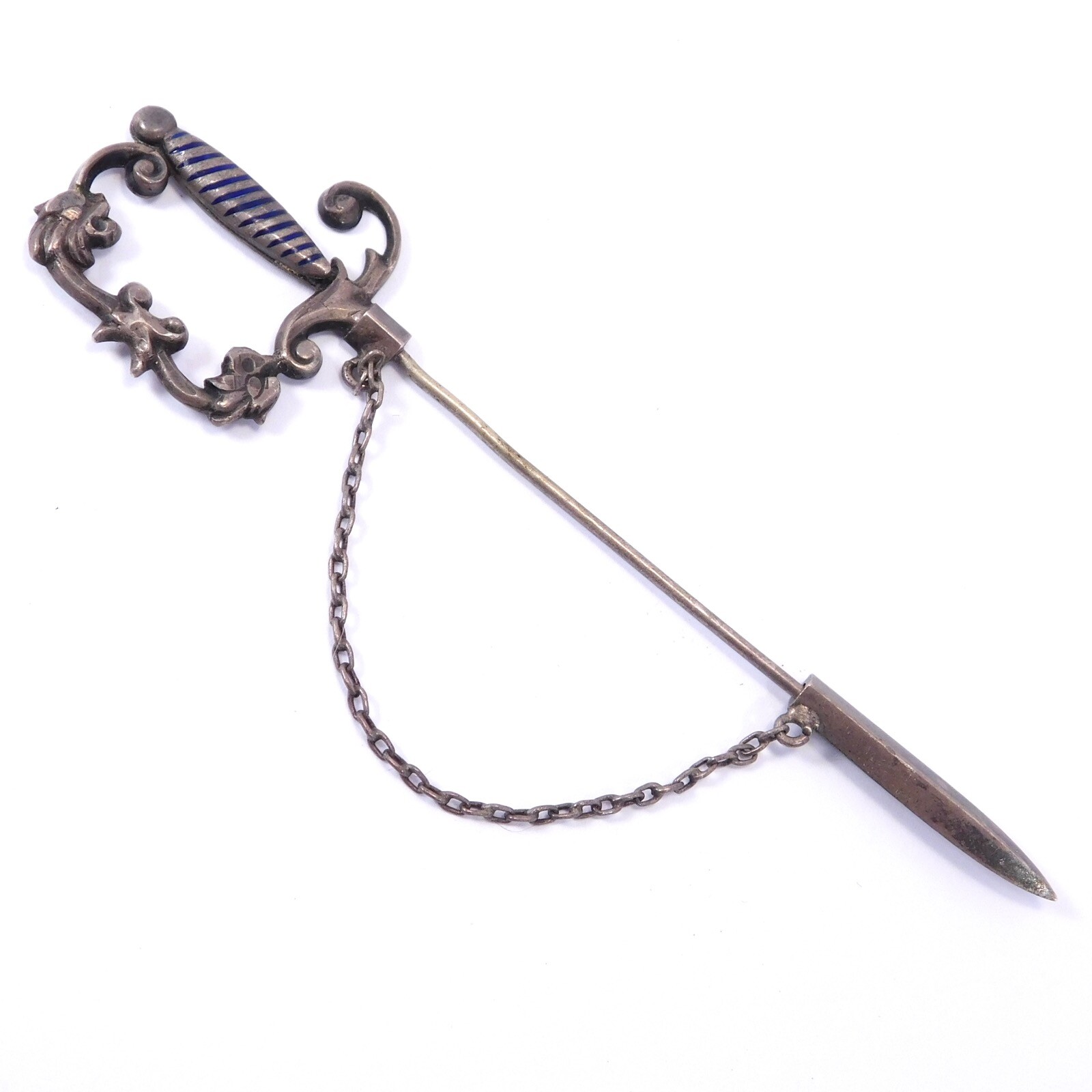 ANTIQUE STERLING SILVER ENAMEL JABOT SWORD PIN - Gem