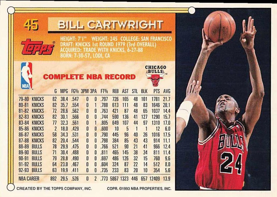 1993-94 Topps Gold Bill Cartwright Chicago Bulls #45 Insert | eBay