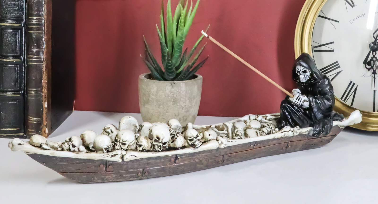 Ebros Charon Grim Reaper Fishing On Boat Of Skulls Incense Burner ...