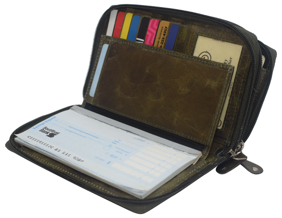 RFID Blocking Genuine Leather Checkbook Secretary Wallet 2 Zipper Card ...