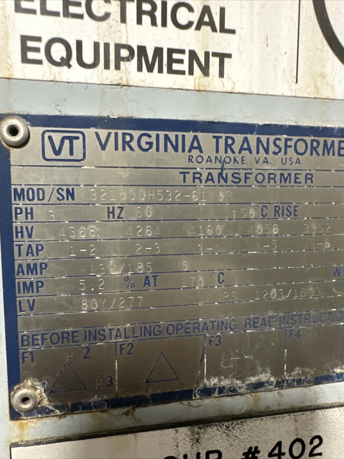 Virgina Transformer Company 4160 480/277 1000 KVA Dry Type Transformer ...