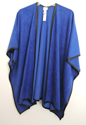 CHICOS Ruana Wrap Cobalt Blue Faux Suede & Black Faux Leather Trim ONE ...