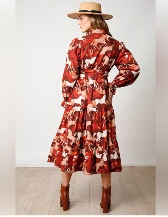 Fantastic Fawn Womens Sz M Horse Print Dress Poplin Midi Tiered ...