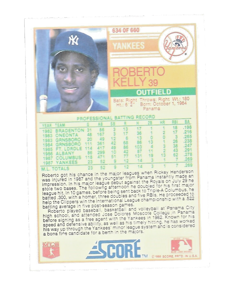1988 Score Roberto Kelly 634 Rookie Prospect New York Yankees Baseball ...