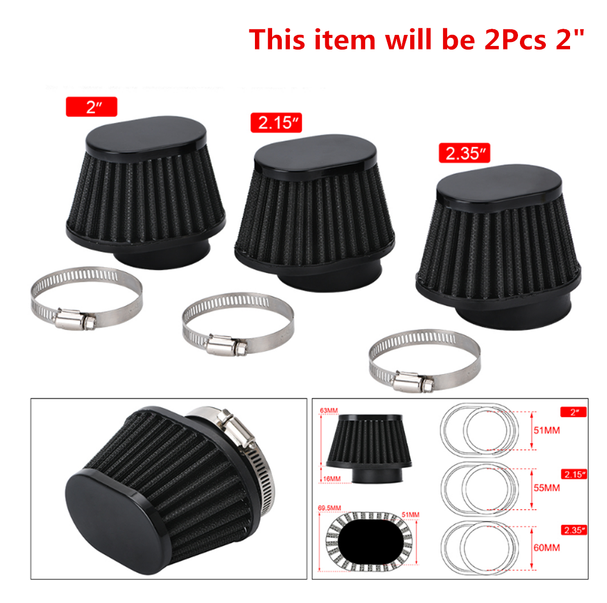 1 Pair 2in Car High Flow Cone Air Filter Kit Black Accessory Auto ...
