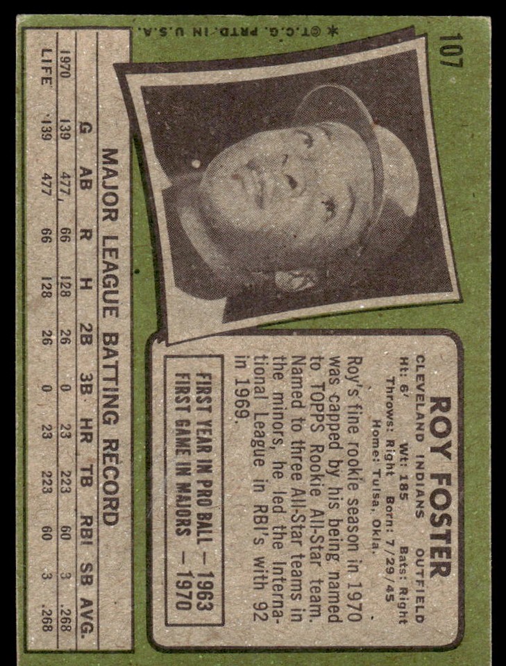 1971 Topps Roy Foster #107 Cleveland Indians Baseball Card | eBay