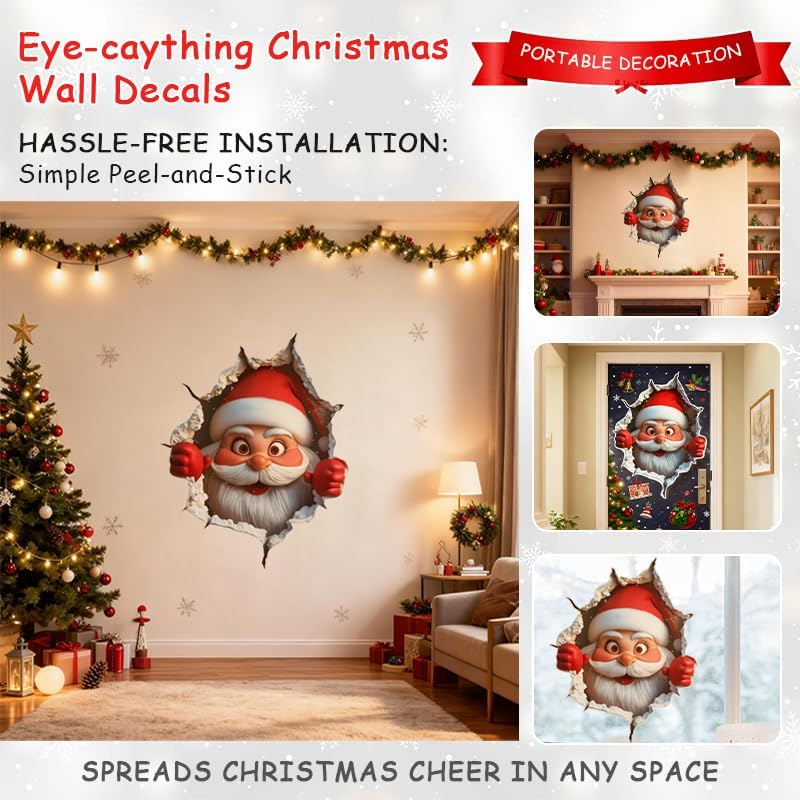 4 Pack 3D Santa Stickers, Christmas Creative Wall Sticker Set, Fun 3D ...