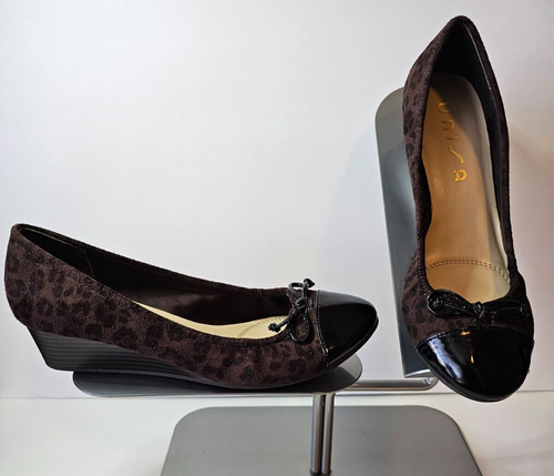 UNISA Brown Leopard Print Suede Feel Cap Toe Wedge Ballet Pumps Size 9M ...