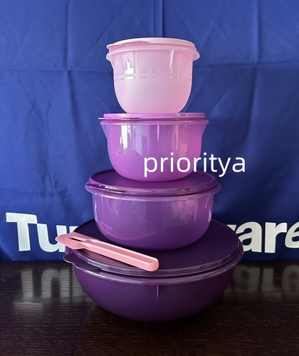 Tupperware Classic Fix N Mix Mixing Bowl Set 4 w/ Paddle Spatula Purple ...