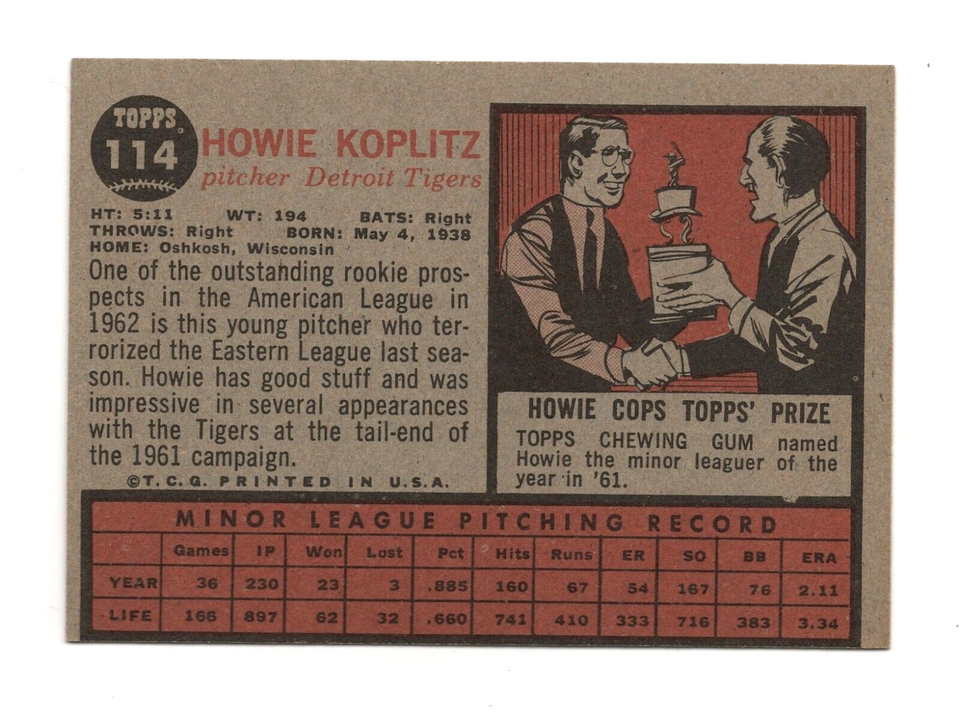 1962 Topps Baseball Card #114 Howie Koplitz – Detroit Tigers | eBay