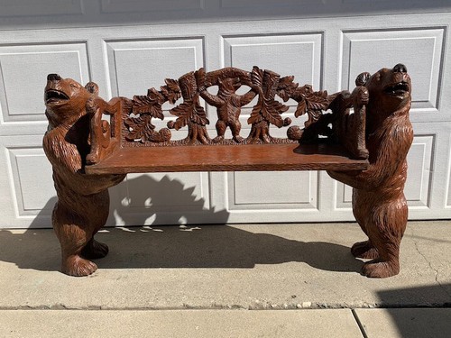 Antique Walnut Black Forest Hand Carved Bear Bench | eBay