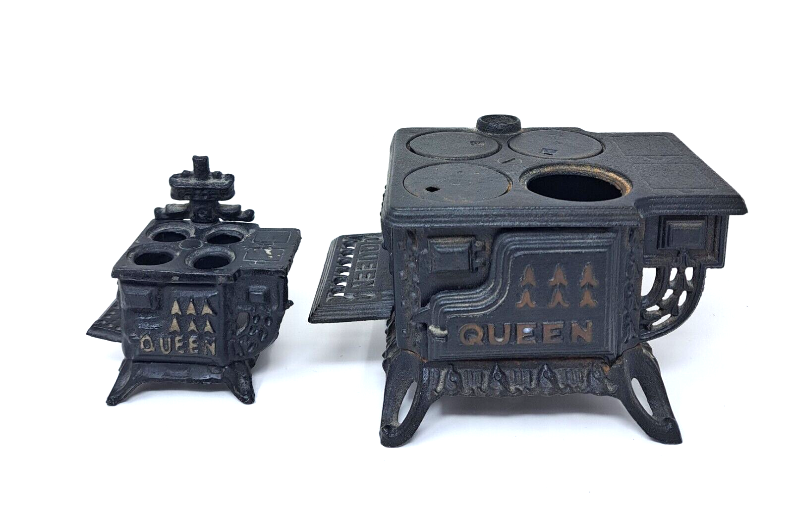 2 Vintage Queen Mini Cast Iron Metal Stove Oven Salesman's Sample ...
