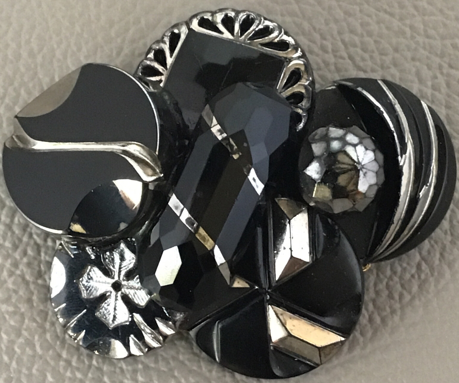 Antique/Vintage Black Glass Czech Button Pin Brooch - Gem