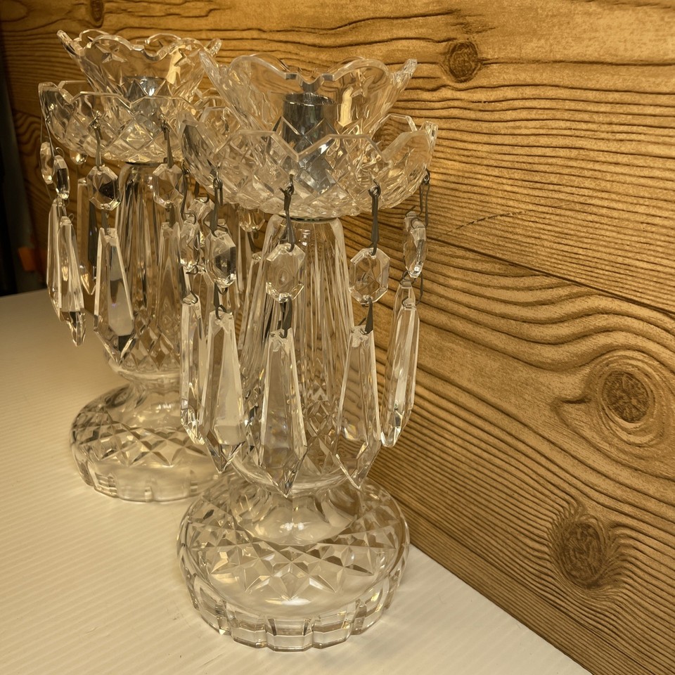Pair 2x Waterford Crystal Candelabras 10" w/ Hanging Prism Crystals ...