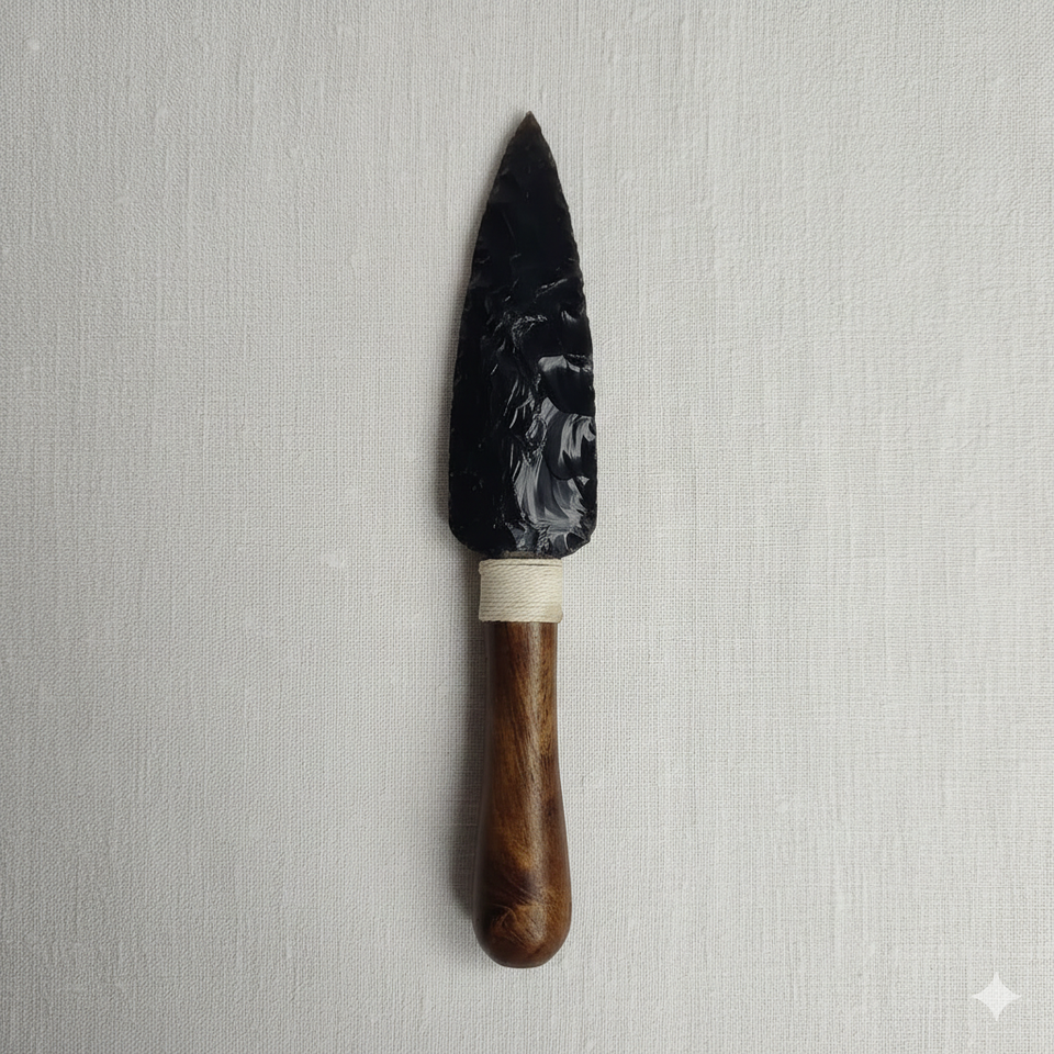 Black Obsidian Knife, Handmade Crystal Athame Dagger with Wooden Handle ...