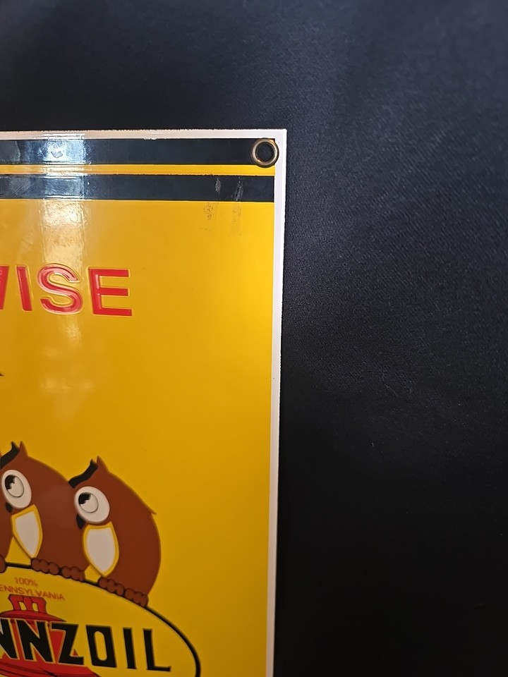 VINTAGE PENNZOIL PORCELAIN SIGN OWL WISE GAS Service STATION OIL Pump ...