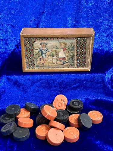 Antique Victorian Draughts Full Set 12 Black 12 Red Counters In Box ...