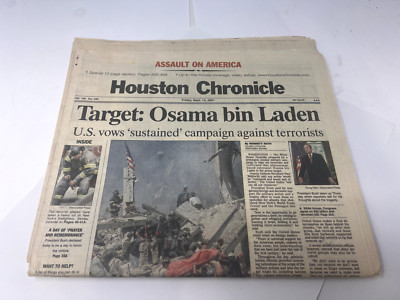 9/11 Houston Chronicle FULL Edition Sept 14, 2001 TARGET: OSAMA BIN ...