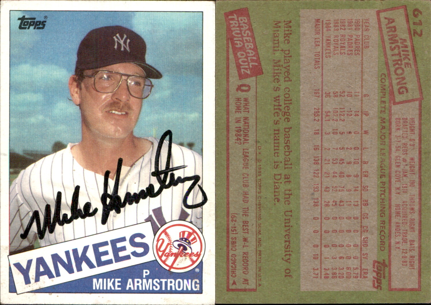 Mike Armstrong Signed 1985 Topps #612 Card New York Yankees Auto AU | eBay