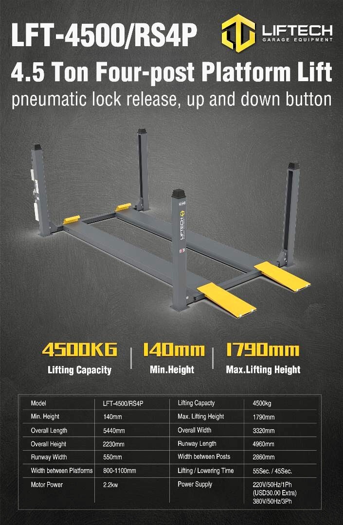 HEAVY DUTY 4 POST SERVICE LIFT 4.5 TONNES PNEUMATIC LOCK! FOUR POST ...