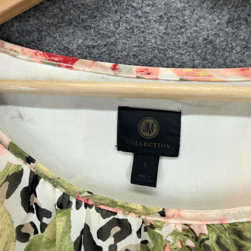 JM Collection Blouse Women L Large White Animal Print Short Sleeve ...