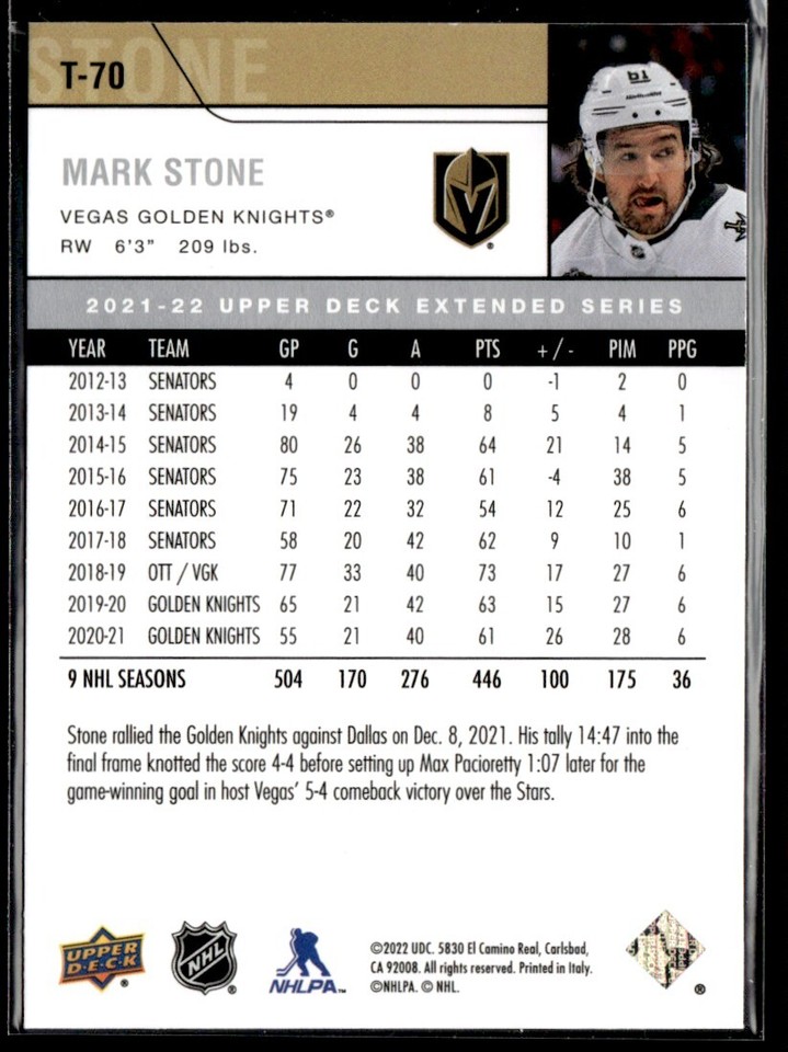 2021-22 Upper Deck 2006-07 Retro Mark Stone Vegas Golden Knights #T-70 ...