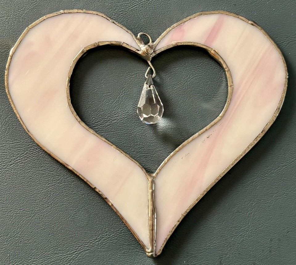 Handcrafted Pink Slag Glass Heart Suncatcher Crystal Prism 8" GR8 Gift ...