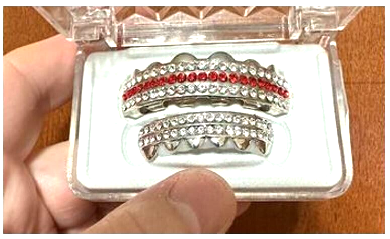 Custom Fit Iced Red CZ Silver Plated Metal Mouth Teeth Grillz Upper ...