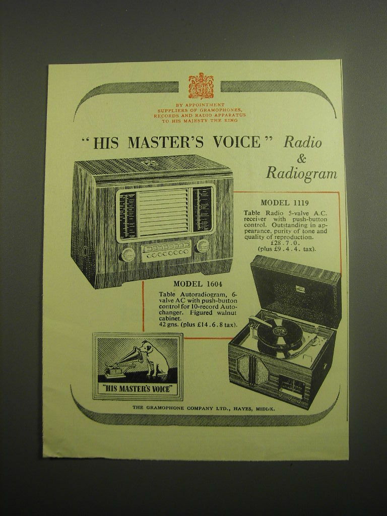 1948 H.M.V. Model 1119 Radio and 1604 Radiogram Ad - His Master's Voice ...