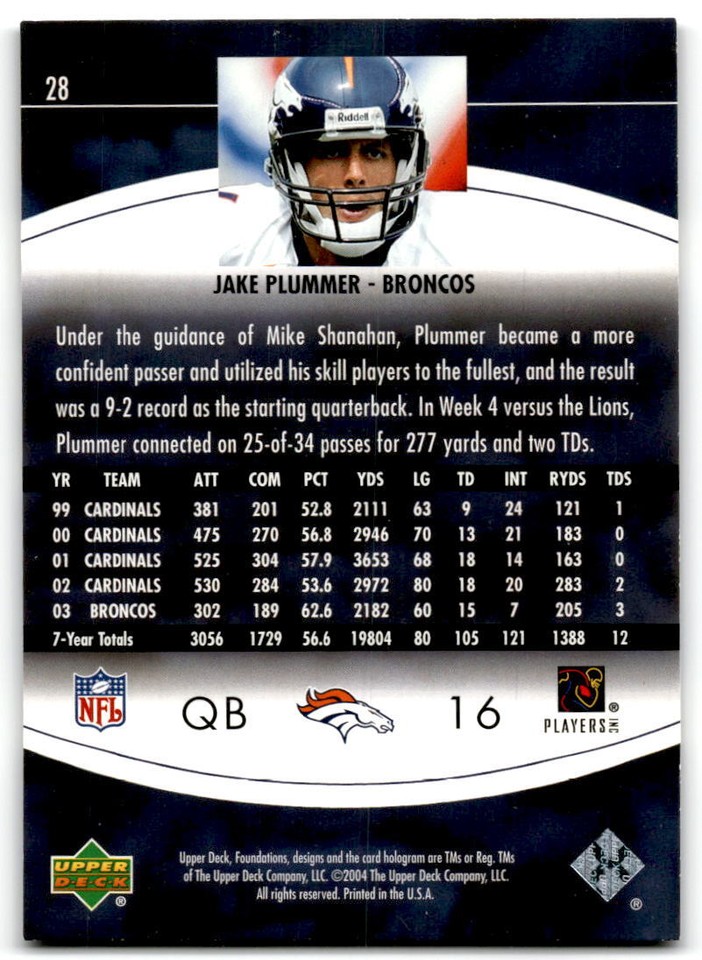 2004 Upper Deck Foundations #28 Jake Plummer Denver Broncos | eBay