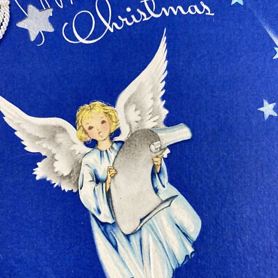Vintage Mid Century Christmas Greeting Card Angel Scroll Stars In Sky ...