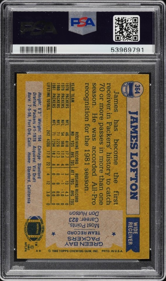 1982 Topps FB Card #364 James Lofton Packers HOF ALL-PRO PSA 10 GEM ...