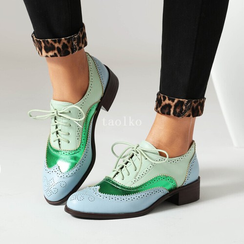 Retro Style Women's Carved Brogues Wing Tip Lace Up Low Chunky Block ...