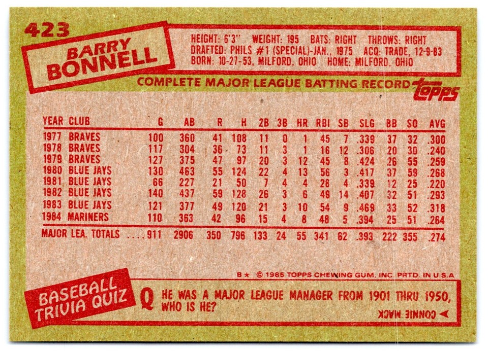 BARRY BONNELL 1985 TOPPS 85 NO 423 NRMINT+ 33319 | eBay