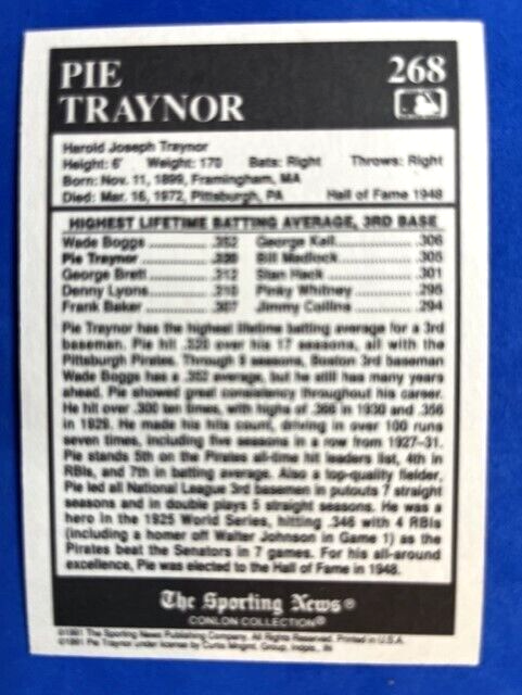 MLB - Pie Traynor 1991 Sporting News Conlan Collection - Pirates | eBay