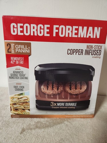 NEW George Foreman 2 Serving Grill & Panini Copper Infused Coating Non ...