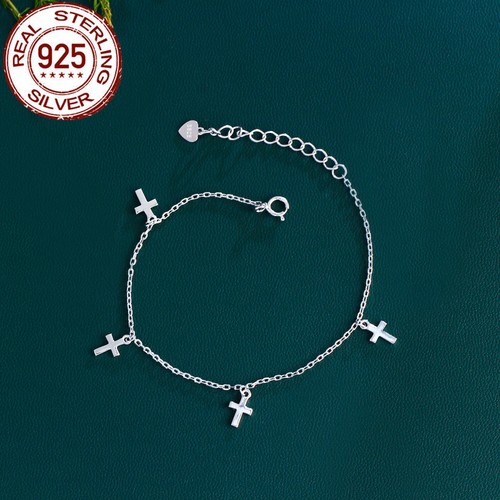 Cross Charm Dangle Chain Link Bracelet Solid 925 Sterling Silver ...
