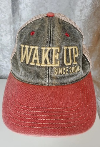 Wake Up trucker hat faded red blue white mesh back snap back baseball ...