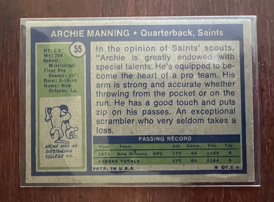 1972 Topps Football Archie Manning #55 New Orleans Saints HOF | eBay