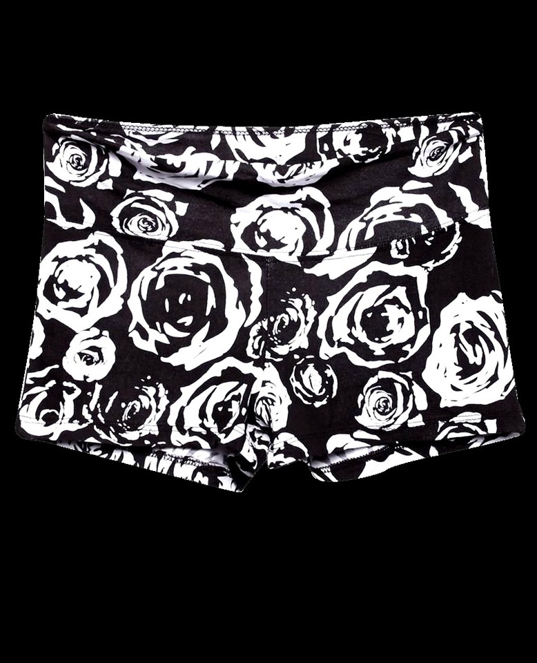 ROSES DAISY floral Black mini shorts shortie yoga boy-shorts Cotton S M ...
